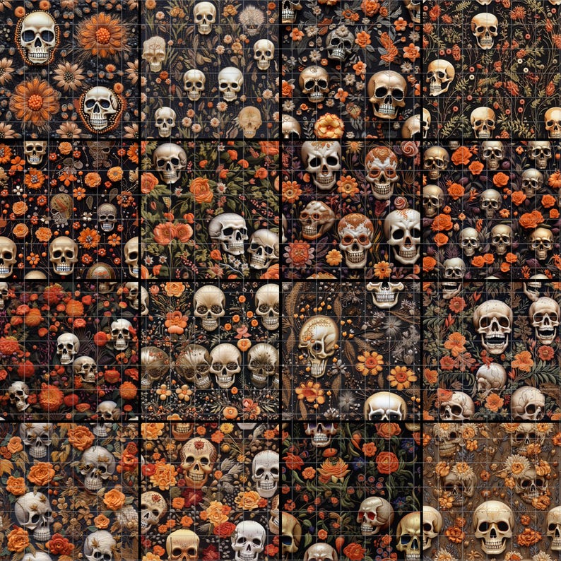 Spooky Embroidered Skull Seamless Pattern, Halloween Digital Papers for ...
