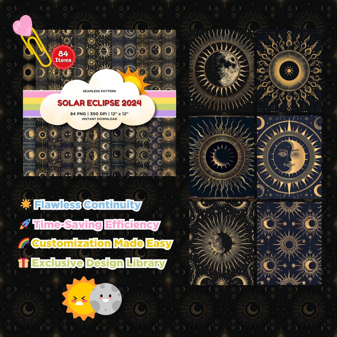 Solar Eclipse Digital Paper Sun and Moon Seamless Pattern Total Solar ...