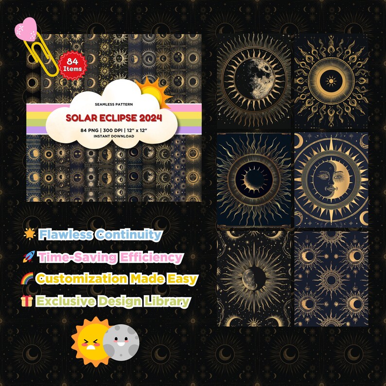 Solar Eclipse Digital Paper Sun and Moon Seamless Pattern Total Solar ...