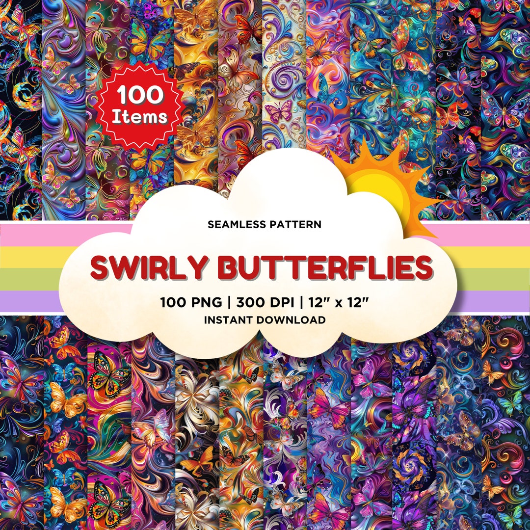 Swirly Butterfly Seamless Pattern, Whimsical Digital Paper, Butterfly ...