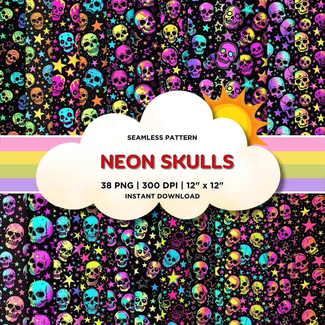 Neon Skulls Seamless Pattern, Halloween Digital Paper for Scrapbook ...