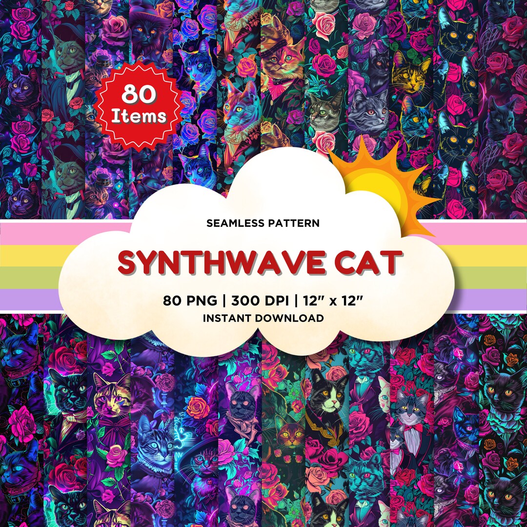 Synthwave Cats Seamless Pattern, Cat Neon Rose Digital Paper, Cat ...