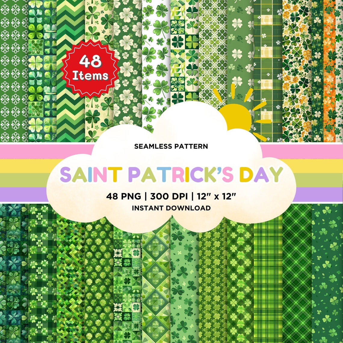 SP Patrick Day Digital Paper Shamrock Seamless Pattern Four Leaf Clover ...