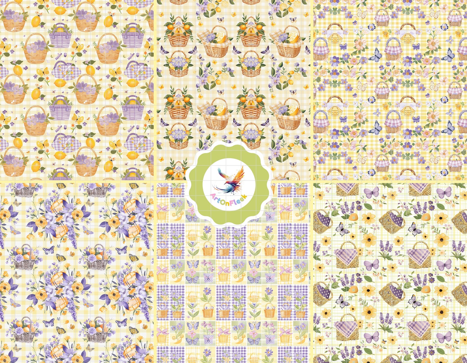 Spring Basket Digital Paper Picnic Seamless Pattern Spring Flowers PNG ...