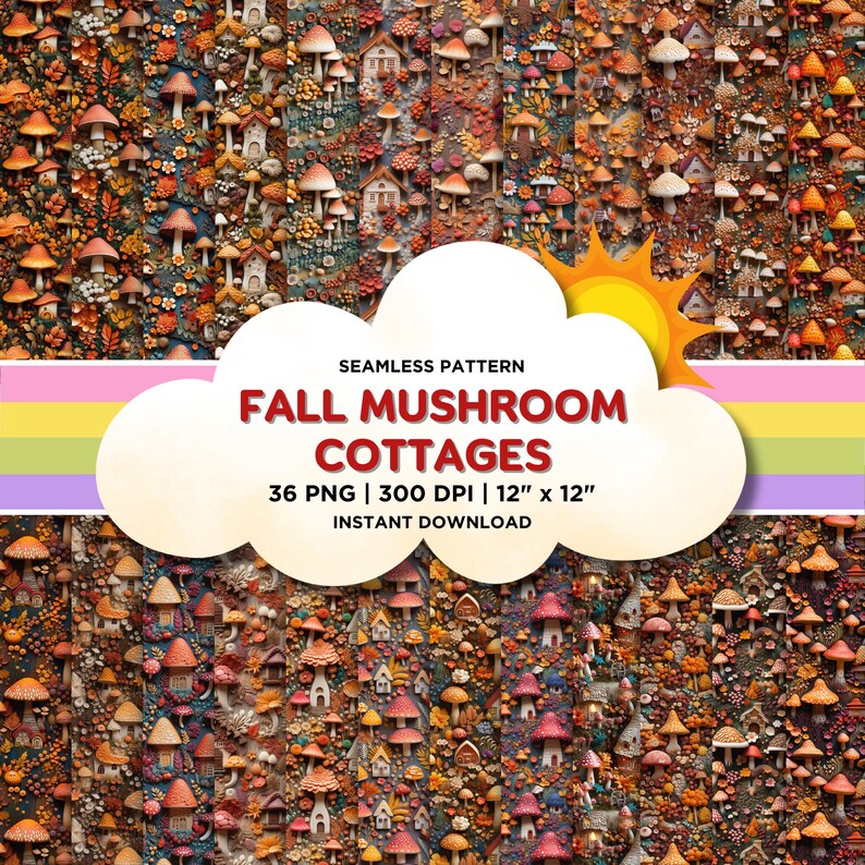 Fall Mushroom Cottages Seamless Pattern - Fall Digital Paper Background ...