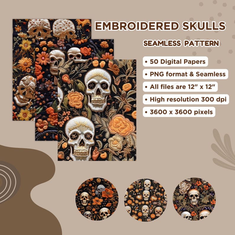 Spooky Embroidered Skull Seamless Pattern, Halloween Digital Papers for ...