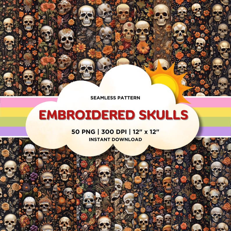 Spooky Embroidered Skull Seamless Pattern, Halloween Digital Papers for ...