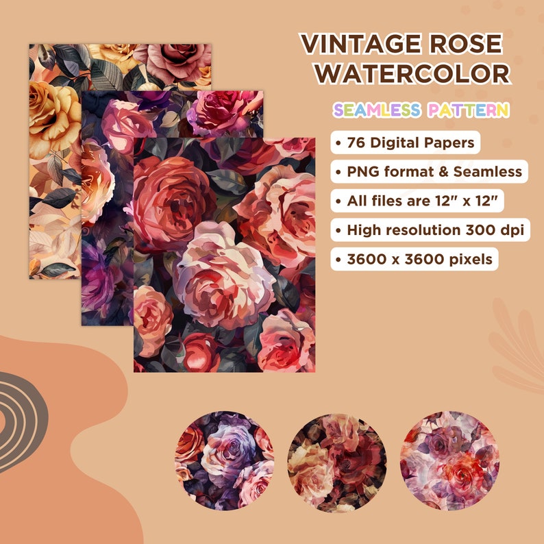 Vintage Rose Seamless Pattern, Watercolor Rose Digital Paper for ...