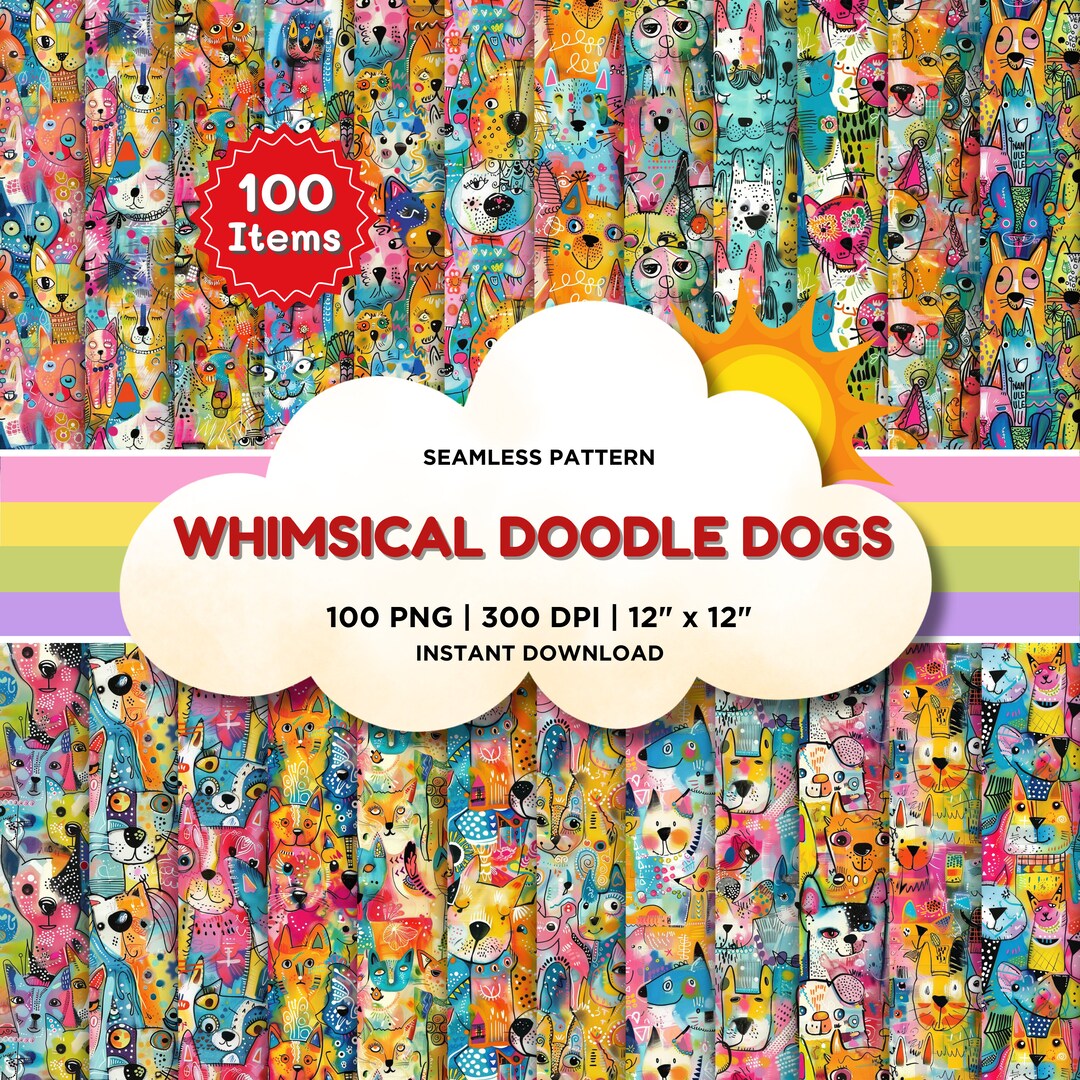 Whimsical Doodle Dogs Seamless Pattern, Watercolor Dog Illustrations ...