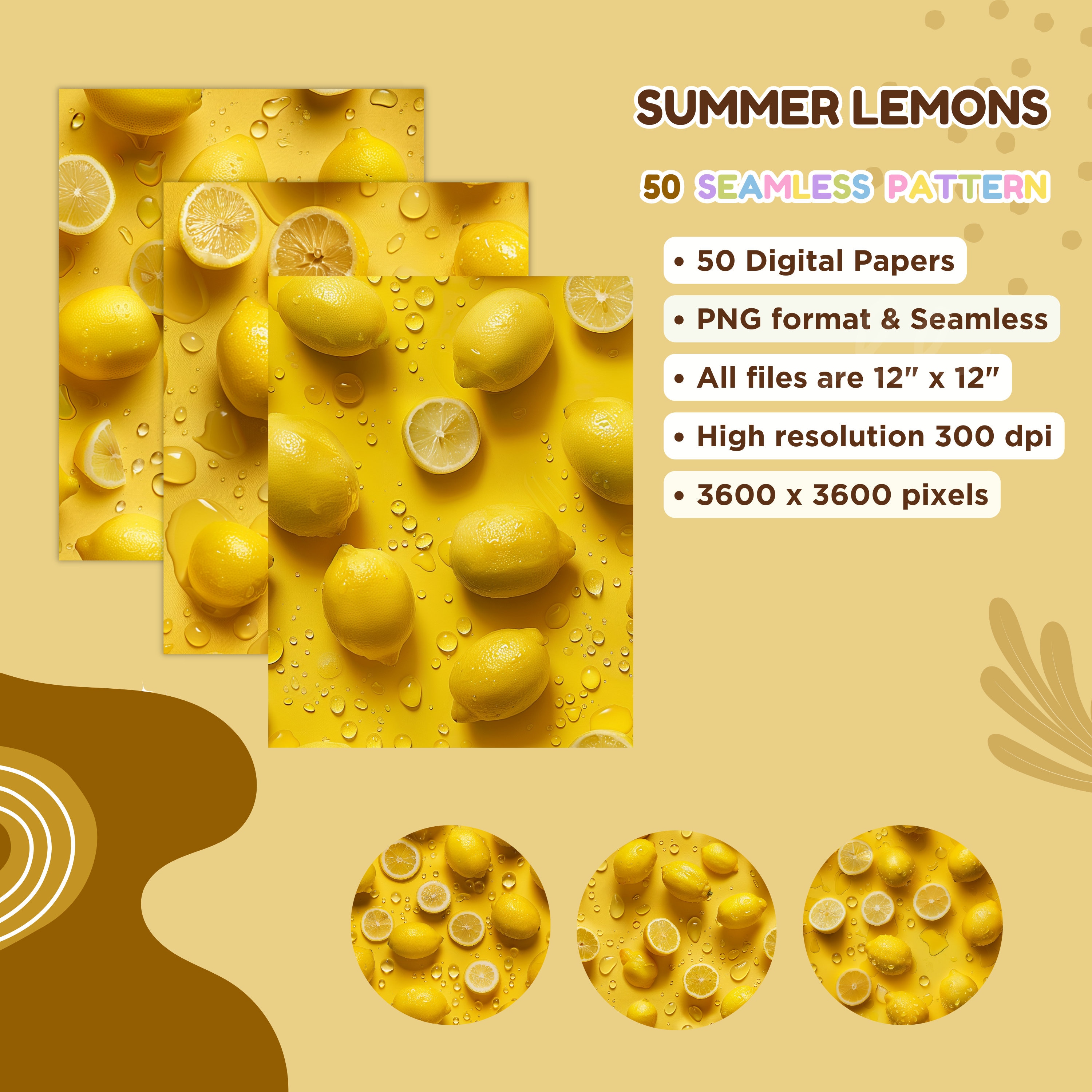 Lemon Water Drop Seamless Pattern, Lemonade Digital Paper, Summer ...