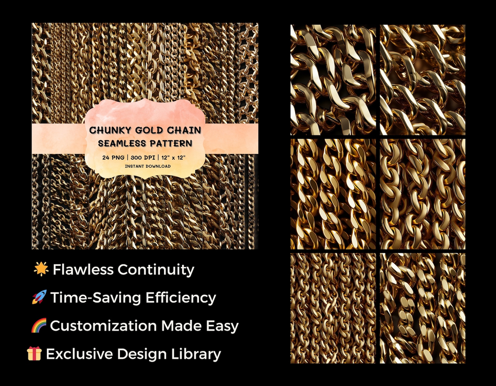Chunky Gold Chain, Seamless Pattern, 24 Digital Papers, Gold Pattern ...