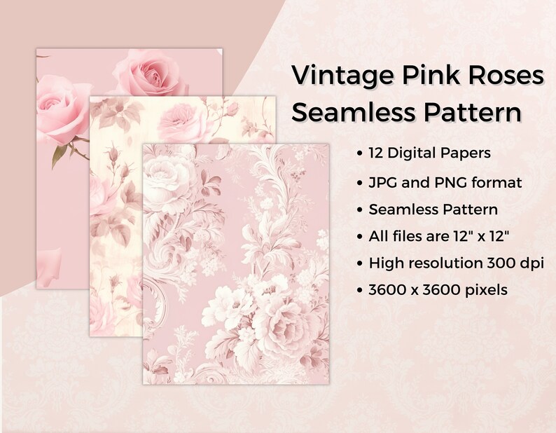 Vintage Pink Roses, Digital Papers, Seamless Shabby Chic Digital Paper ...