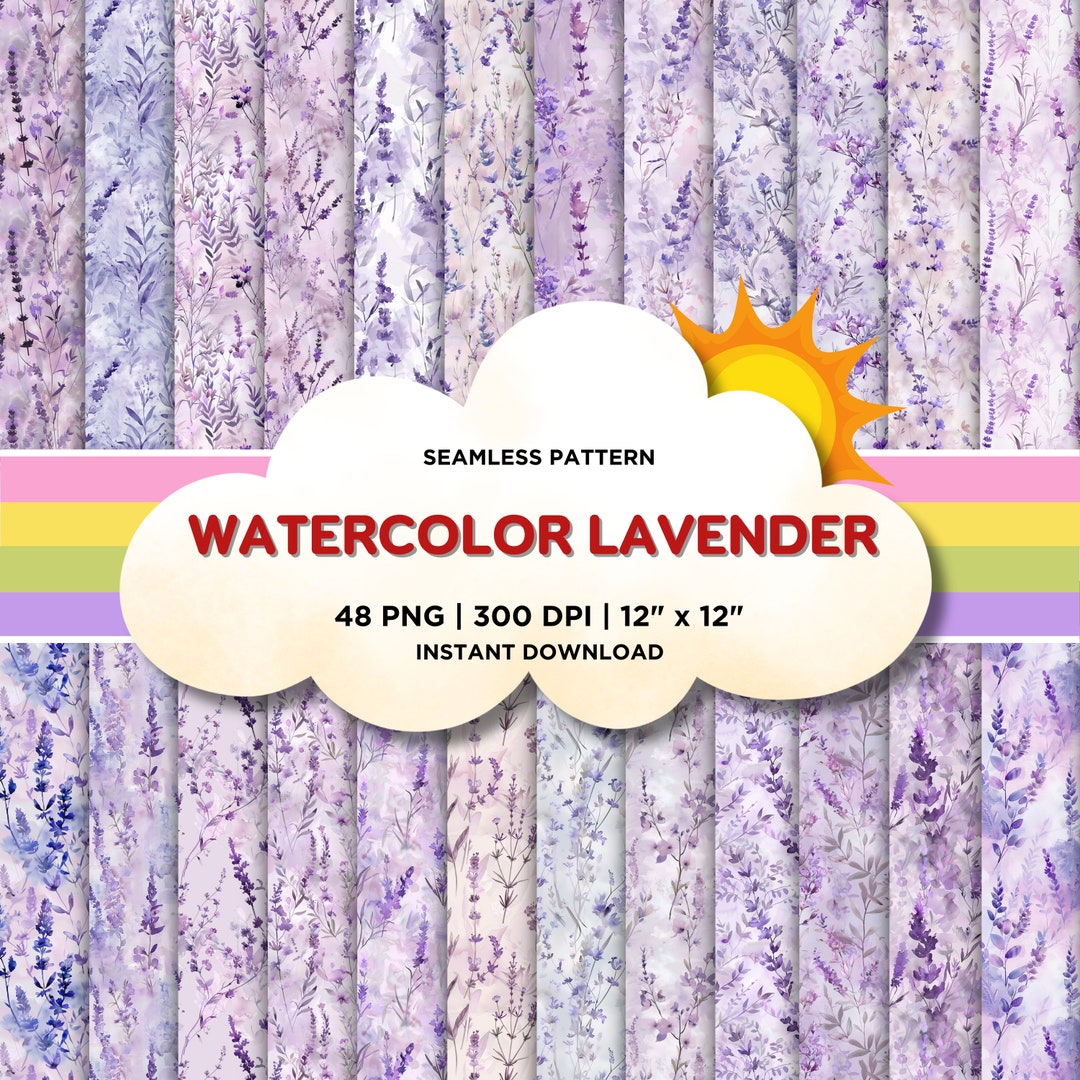Watercolor Lavender Floral Seamless Patterns, Watercolor Digital Papers ...