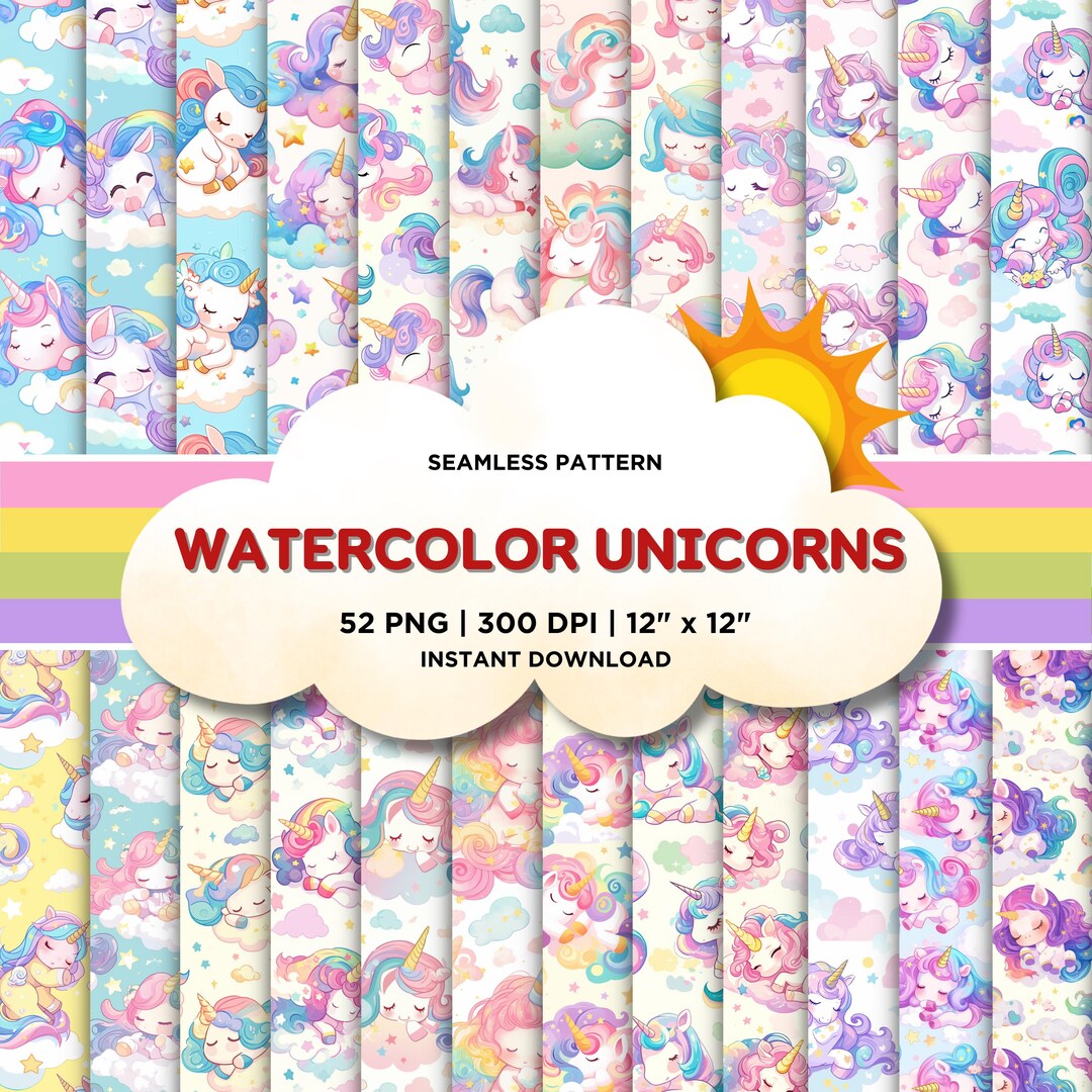 Watercolor Unicorn Digital Paper, Unicorn Seamless Pattern, Unicorn ...