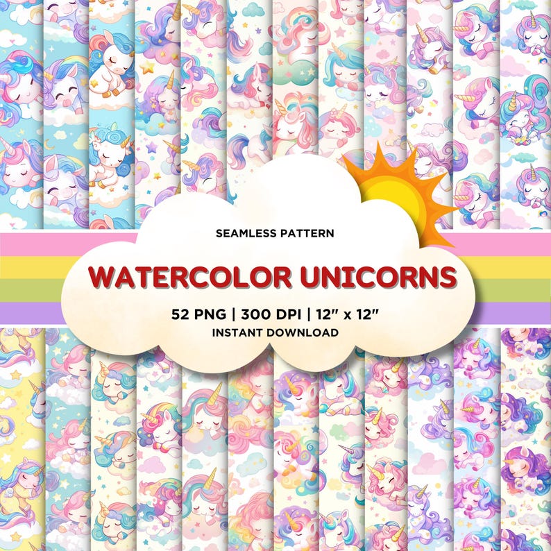 Watercolor Unicorn Digital Paper, Unicorn Seamless Pattern, Unicorn ...