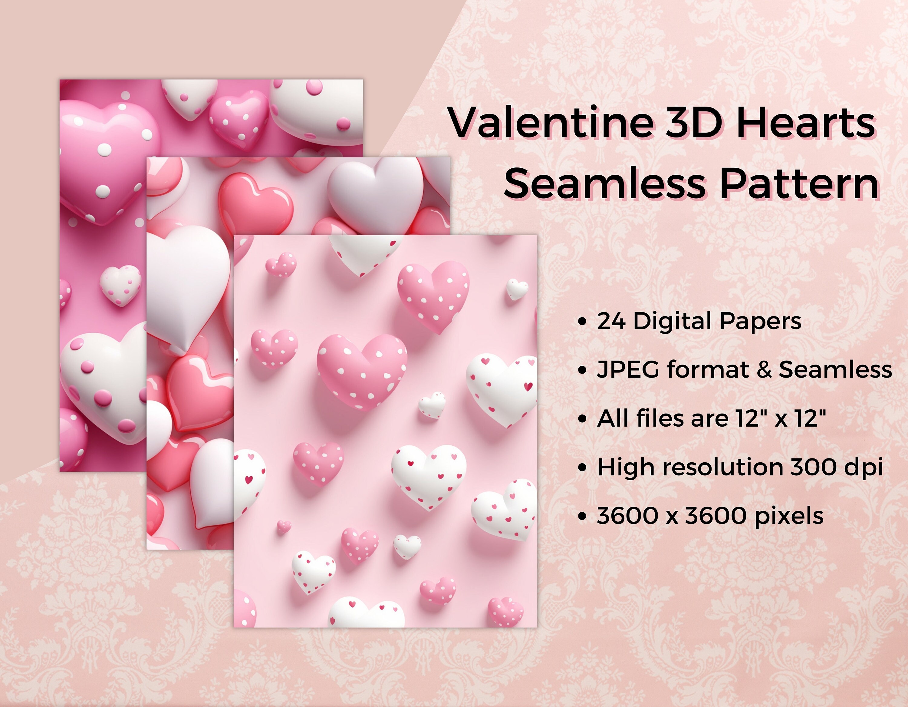 3D Valentine Hearts, Valentine's Day Digital Paper, Seamless Pattern ...