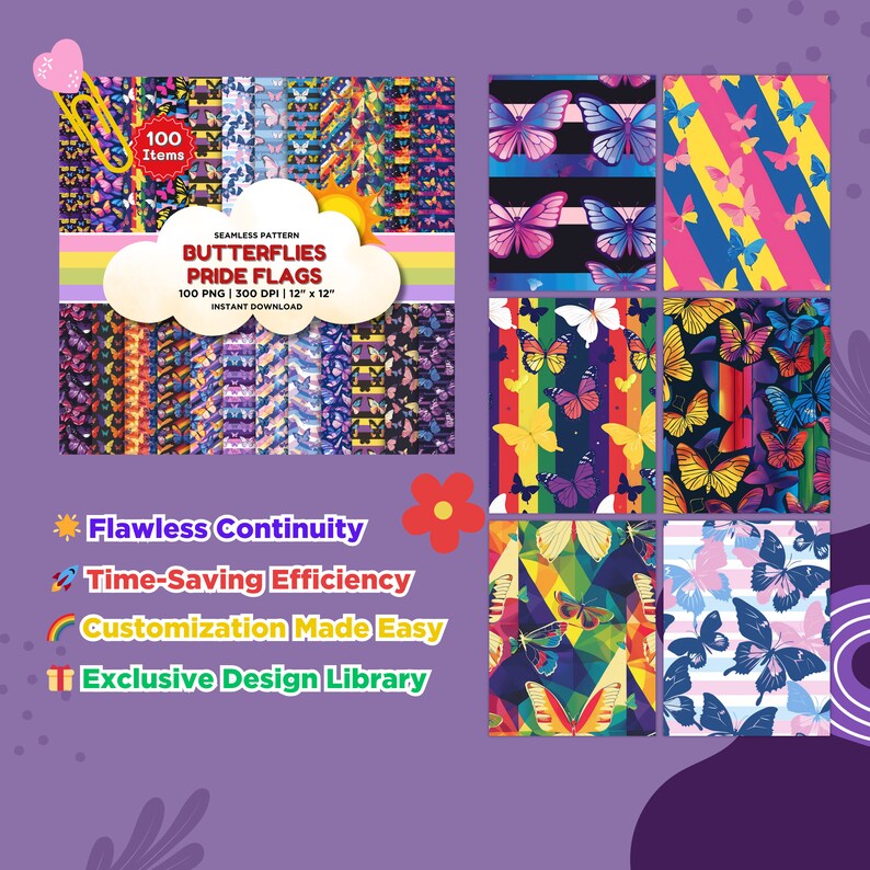 Butterflies Pride Flags Seamless Pattern, Pride Month Digital Paper LGBTQ+ Flag Background ...