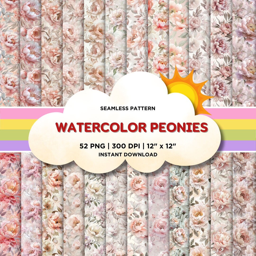 Watercolor Peonies Floral Seamless Patterns, Watercolor Digital Papers ...