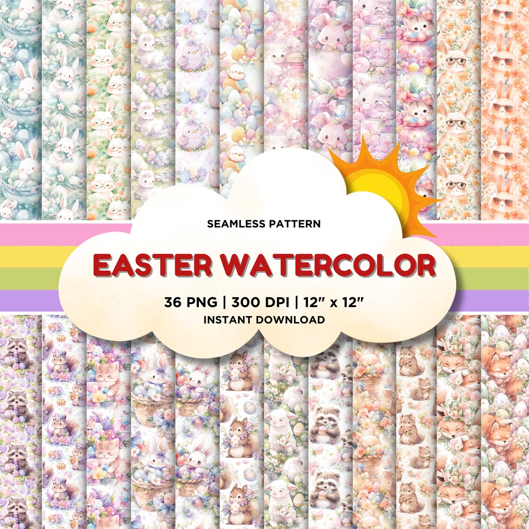 Easter Watercolor Digital Paper Easter Seamless Pattern Bunny and ...