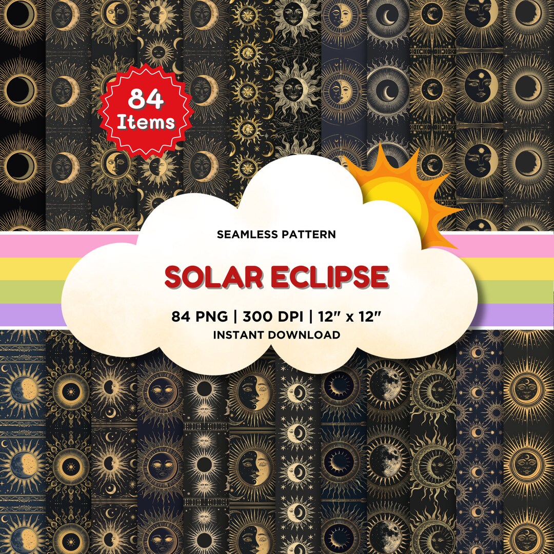 Solar Eclipse Digital Paper Sun and Moon Seamless Pattern Total Solar ...