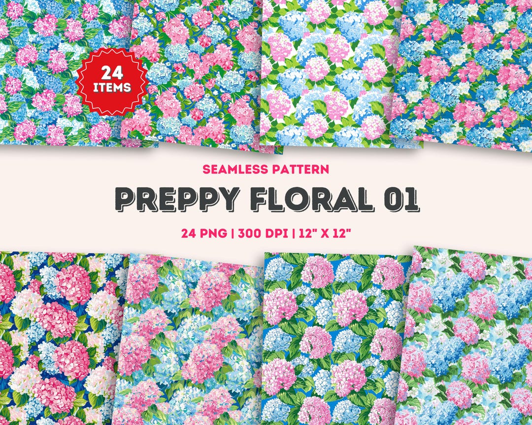 Preppy Hydrangea Floral Seamless Pattern, Seamless Preppy Flower ...