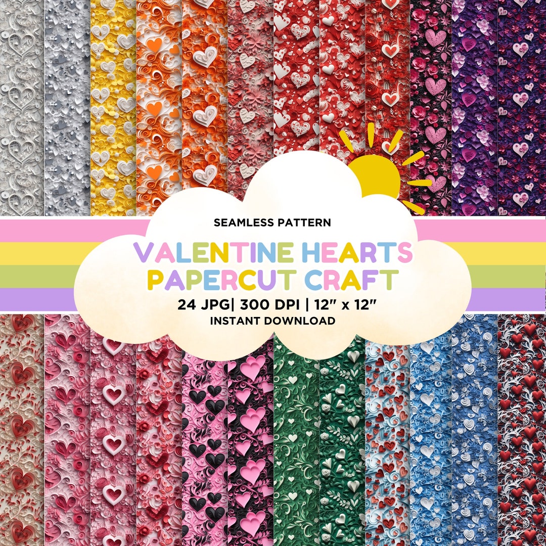 Valentine Hearts, Paper Cut Craft, Valentine's Day Digital Paper, 24 ...