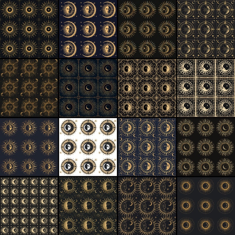 Solar Eclipse Digital Paper Sun and Moon Seamless Pattern Total Solar ...