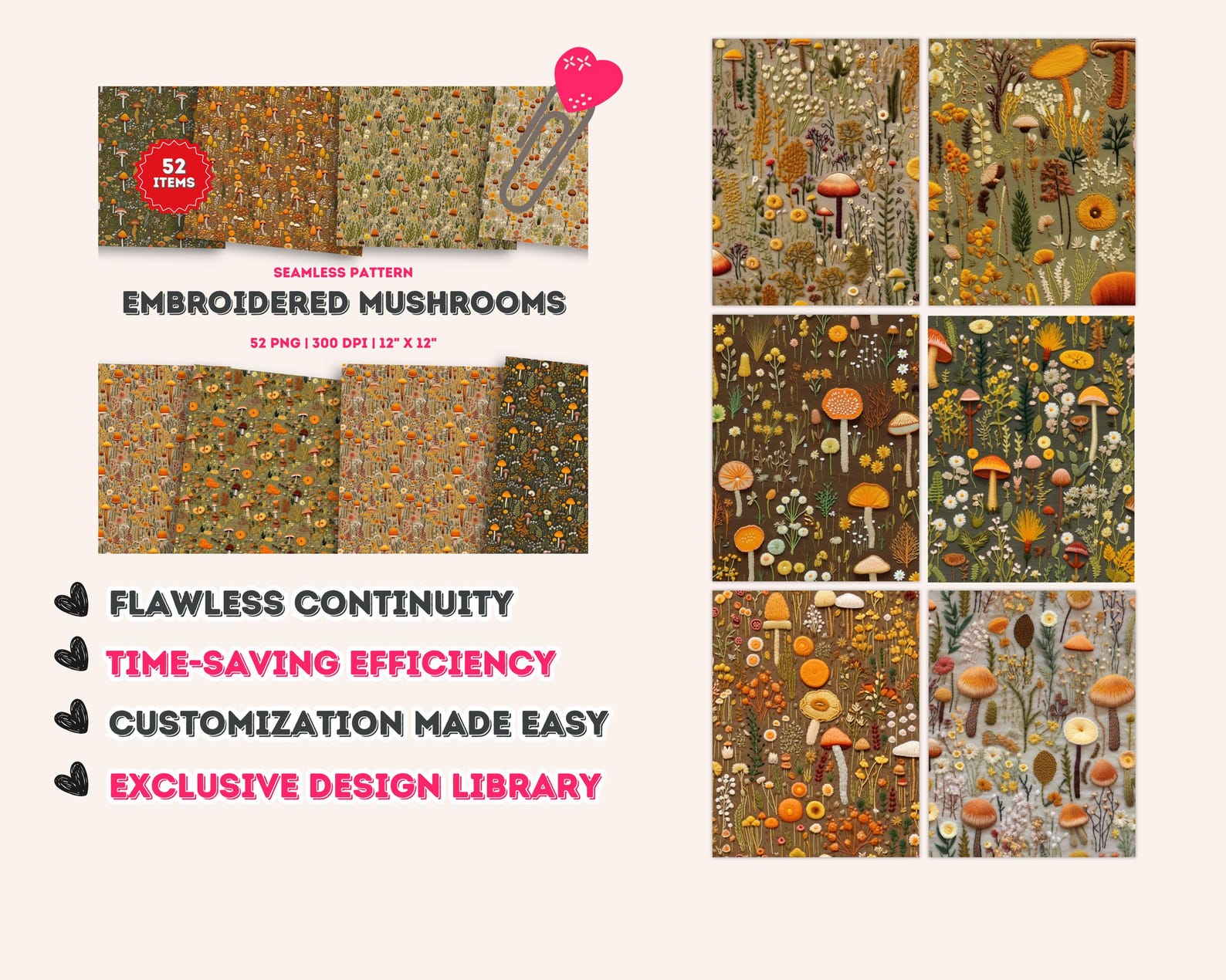 Embroidery Mushroom Seamless Patterns, Fall Mushroom Digital Papers, Fall Autumn Repeat Pattern ...