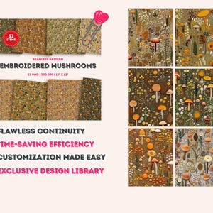 Embroidery Mushroom Seamless Patterns, Fall Mushroom Digital Papers ...