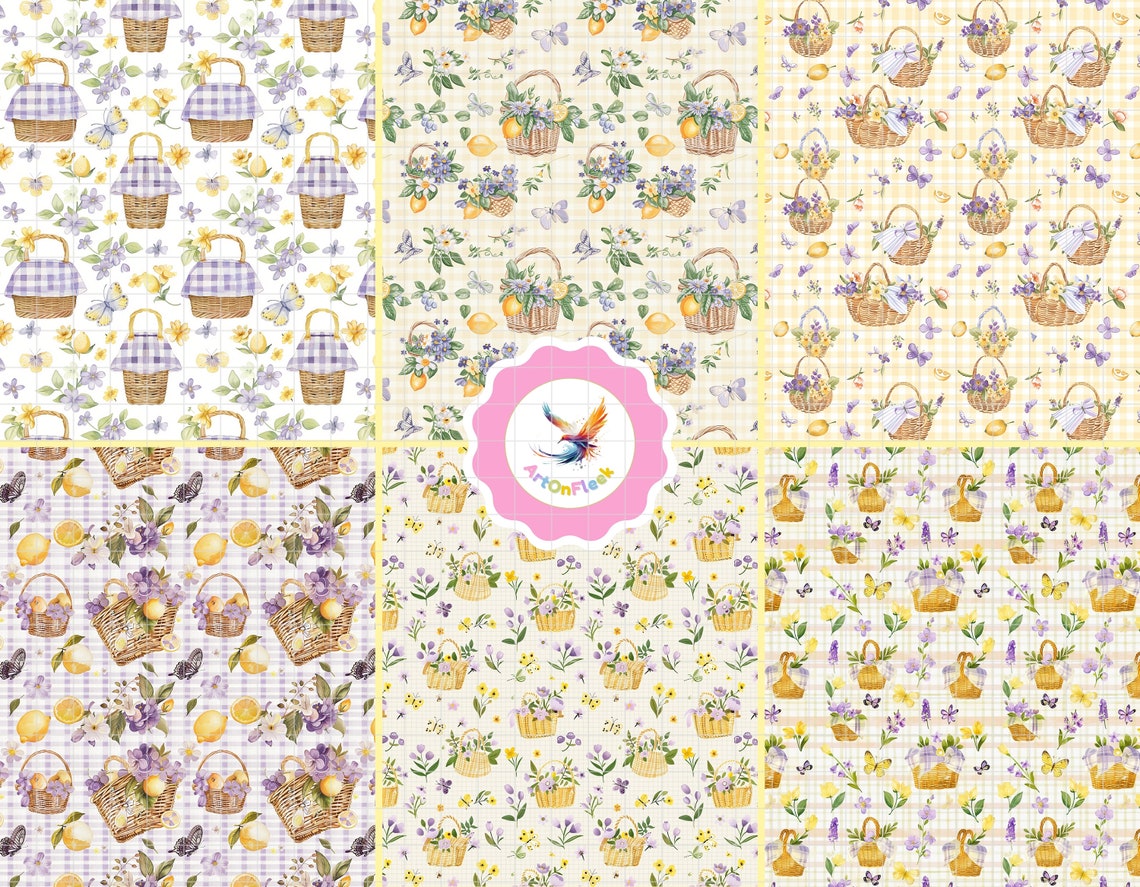 Spring Basket Digital Paper Picnic Seamless Pattern Spring Flowers PNG ...