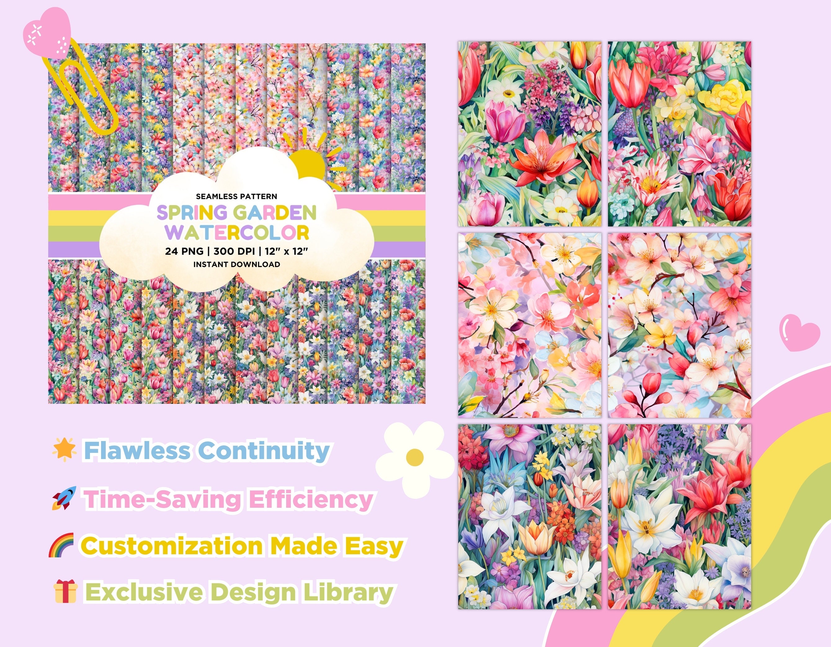 Spring Garden Watercolor Digital Paper Blossoming Spring Seamless ...