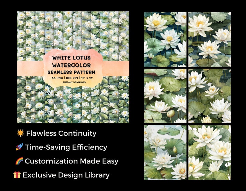 White Lotus Watercolor Digital Papers Flower Seamless Pattern ...