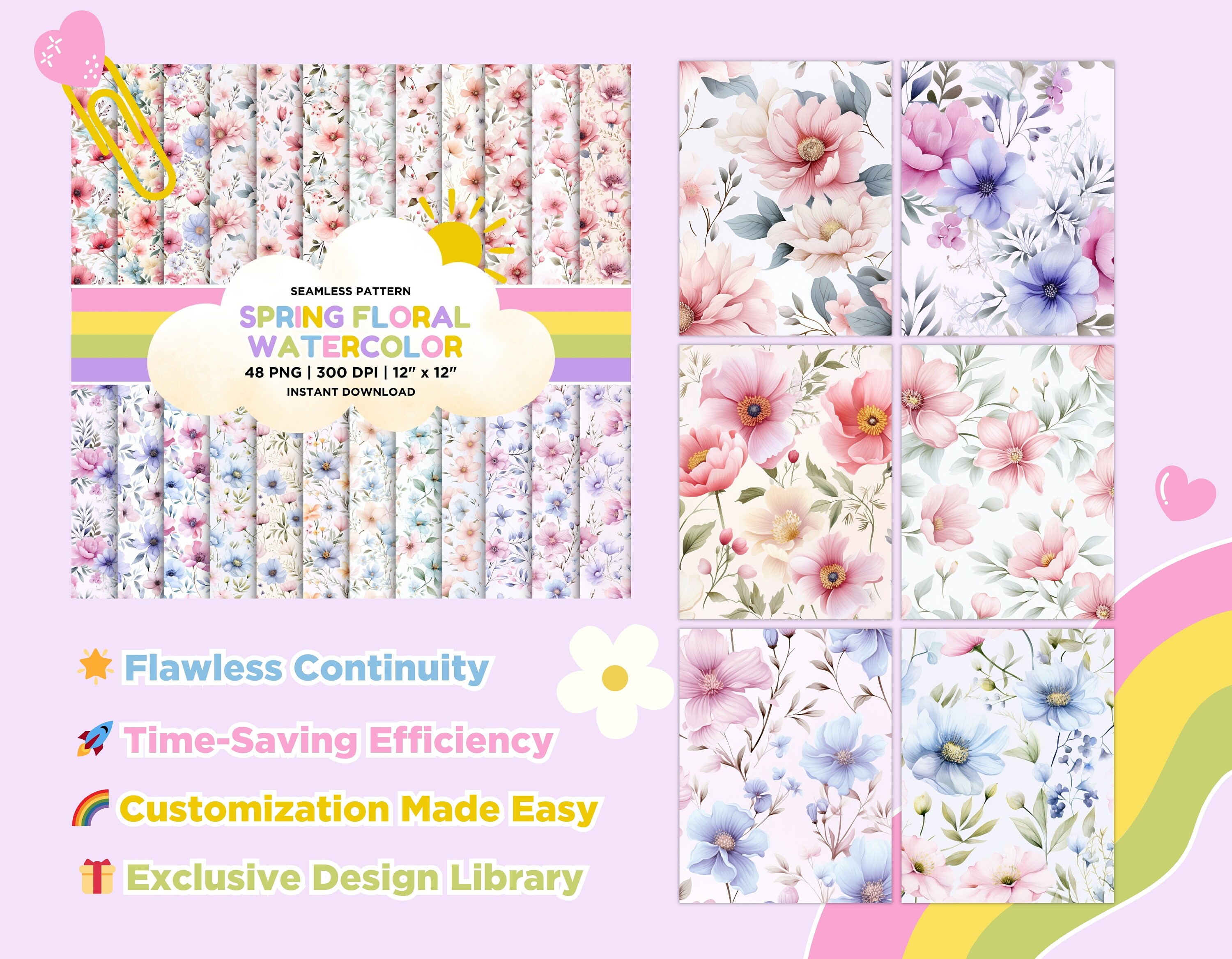 Spring Floral Watercolor Digital Paper Seamless Pattern Digital ...