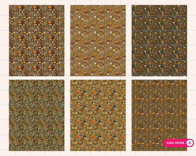 Embroidery Mushroom Seamless Patterns, Fall Mushroom Digital Papers, Fall Autumn Repeat Pattern ...