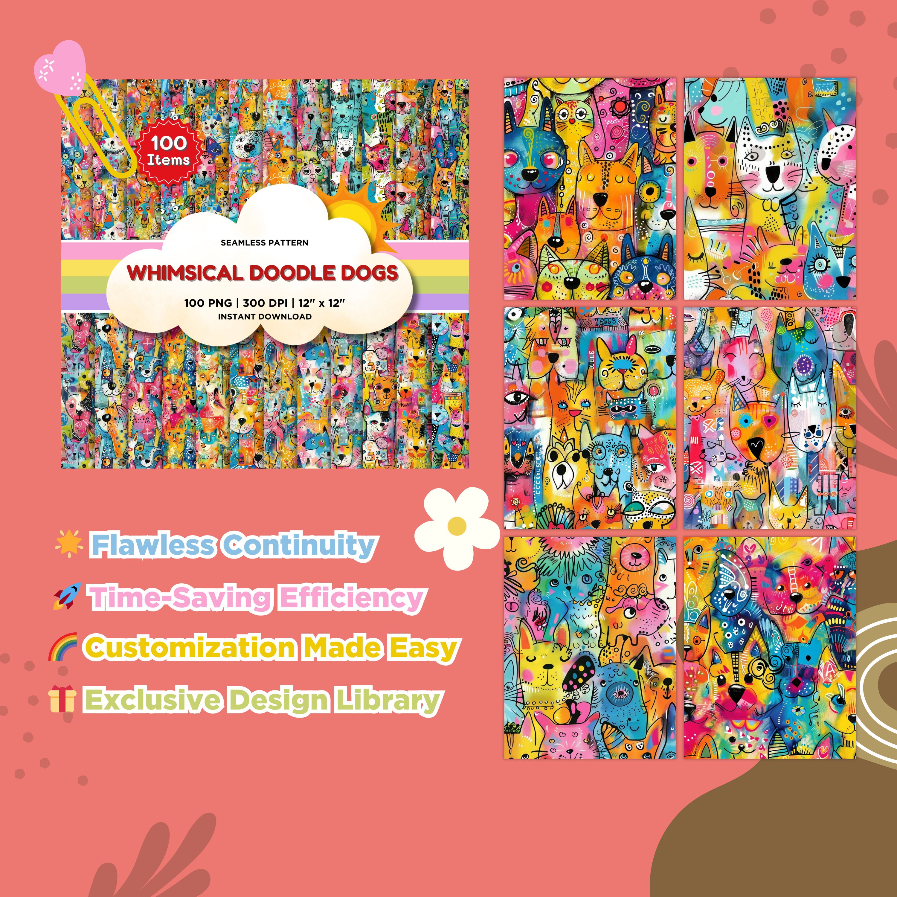 Whimsical Doodle Dogs Seamless Pattern, Watercolor Dog Illustrations ...
