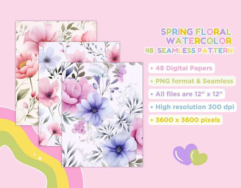 Spring Floral Watercolor Digital Paper Seamless Pattern Digital ...