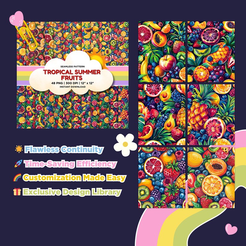 Tropical Summer Fruits Digital Paper Fruit Seamless Pattern for Fabric ...