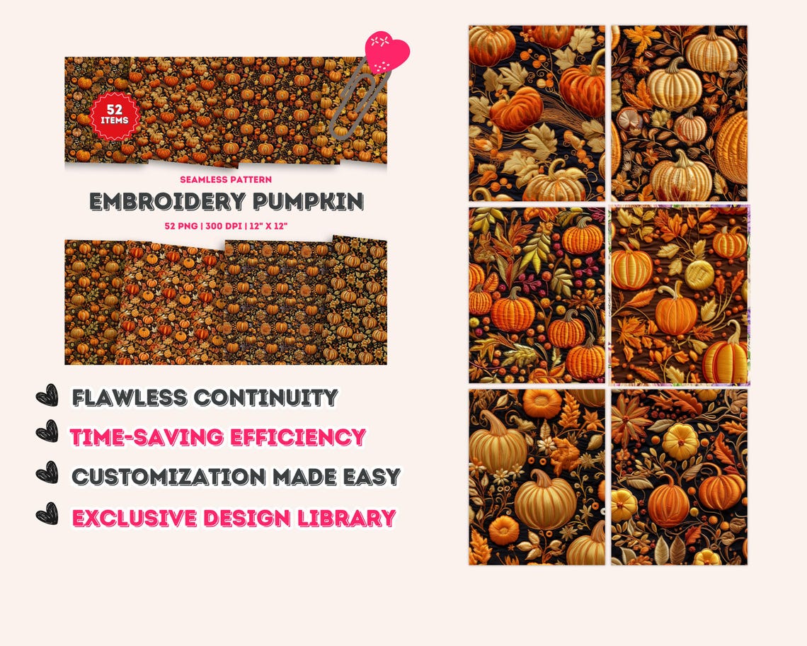 Pumpkin Embroidery Seamless Patterns, Fall Autumn Embroidery Digital ...