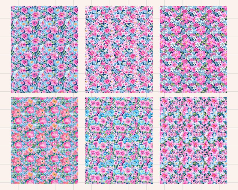 Preppy Pink and Blue Floral Seamless Pattern, Preppy Flower Digital ...
