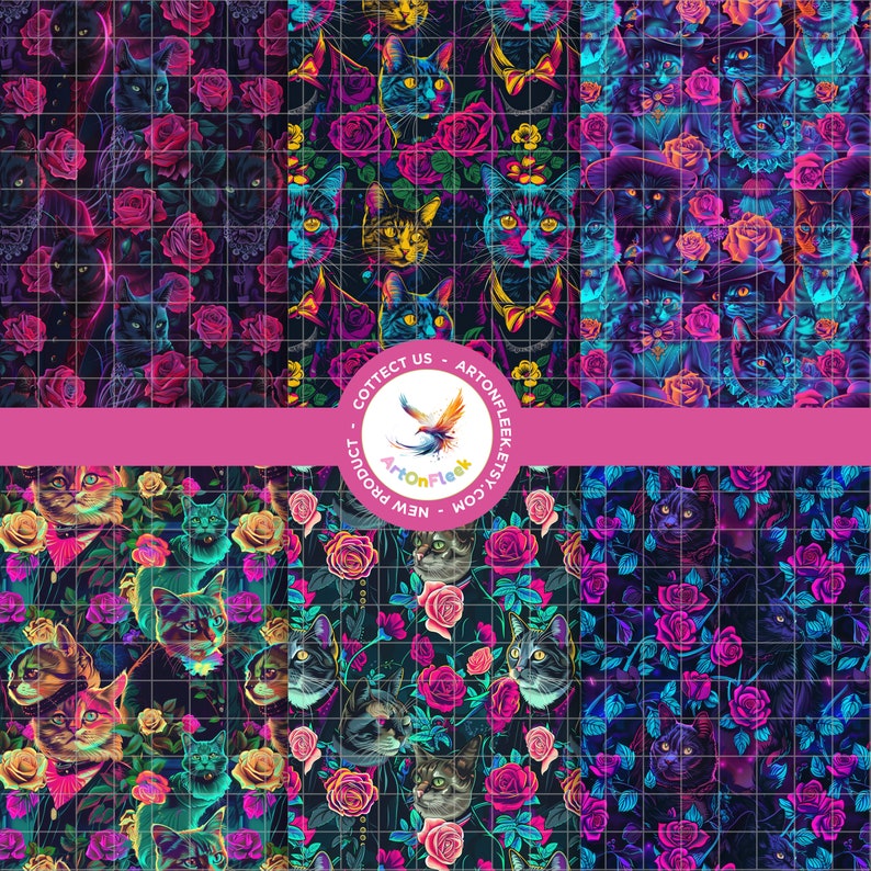 Synthwave Cats Seamless Pattern, Cat Neon Rose Digital Paper, Cat ...