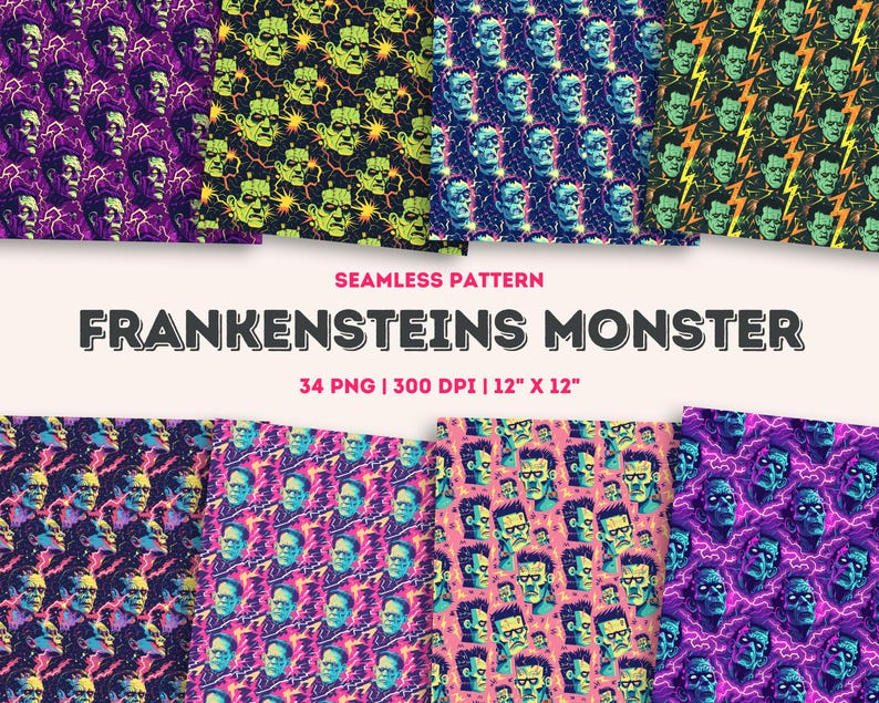 Frankenstein Monster Digital Papers, Halloween Seamless Pattern, Spooky ...