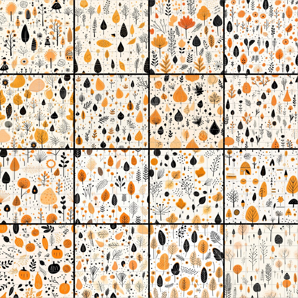 Autumn Line Drawing Seamless Patterns, Autumn Leaves Digital Papers PNG ...