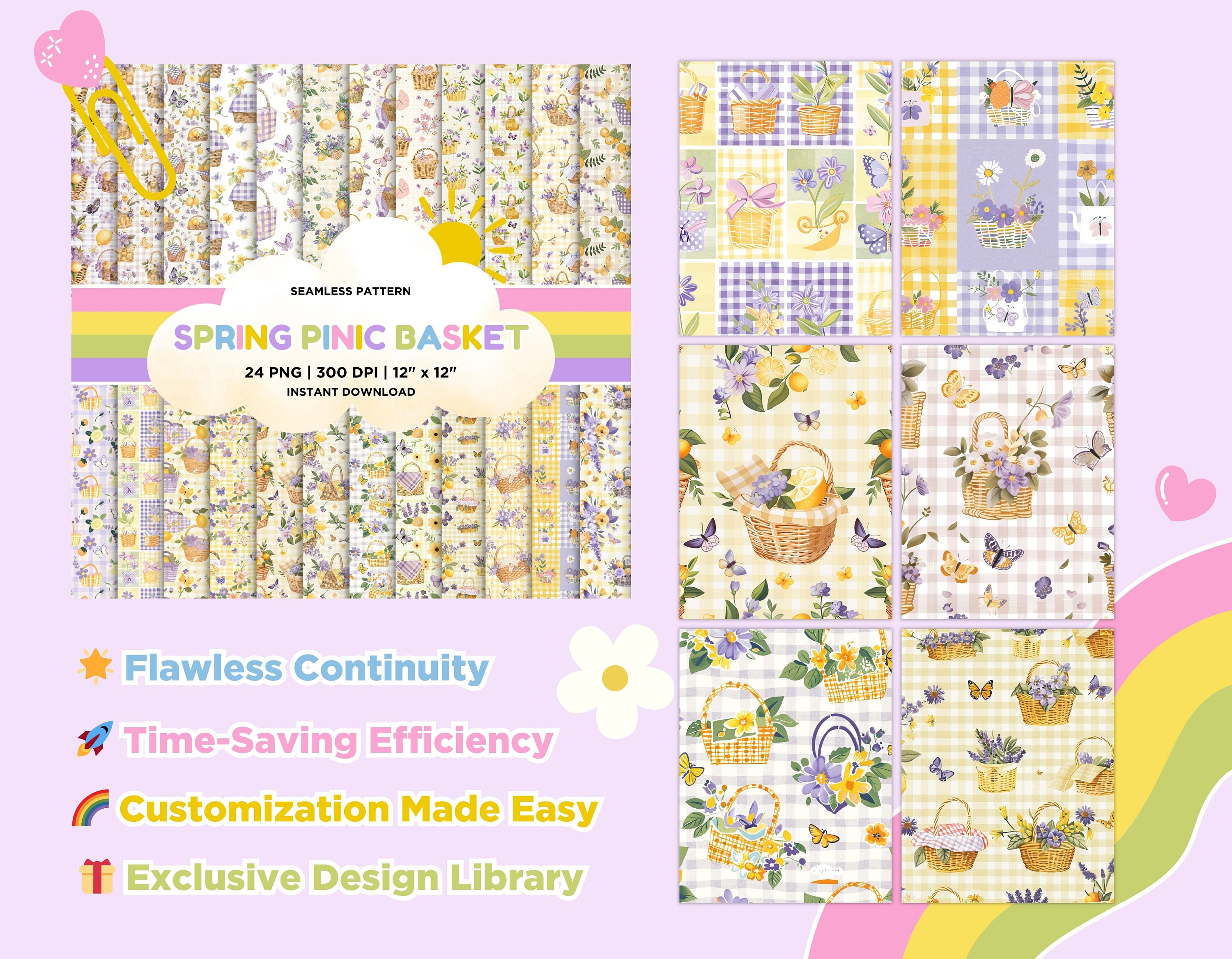 Spring Basket Digital Paper Picnic Seamless Pattern Spring Flowers PNG ...