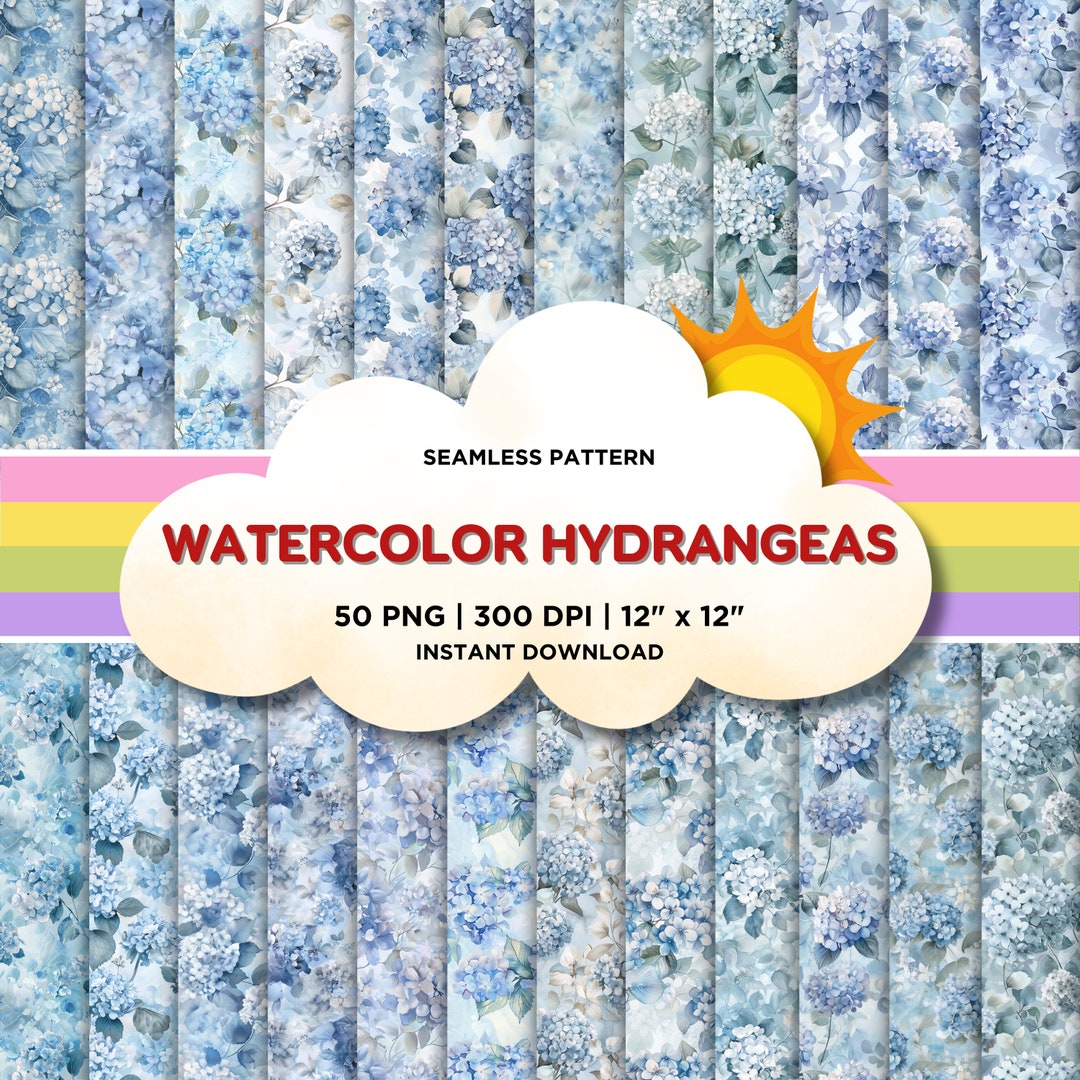 Watercolor Hydrangeas Seamless Patterns, Watercolor Digital Papers ...