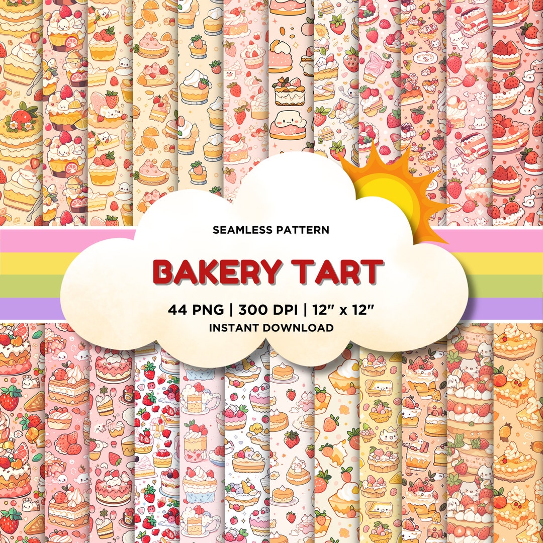 Kawaii Tart Seamless Pattern, Bakery Digital Paper, Kawaii Dessert ...