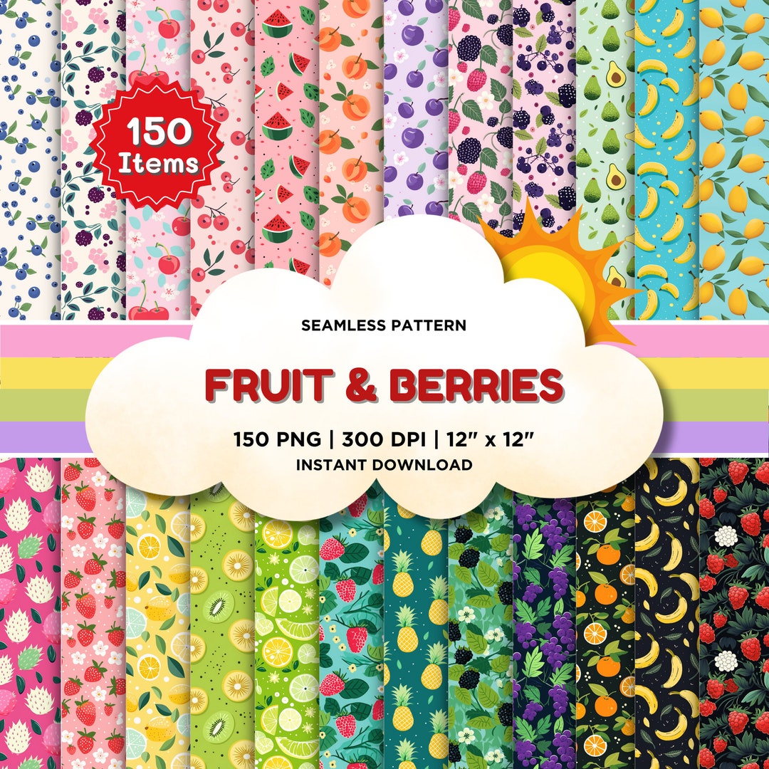 FRUIT & BERRIES Seamless Digital Paper, 150 Seamless Pattern, Repeat Pattern, Commercial Use ...