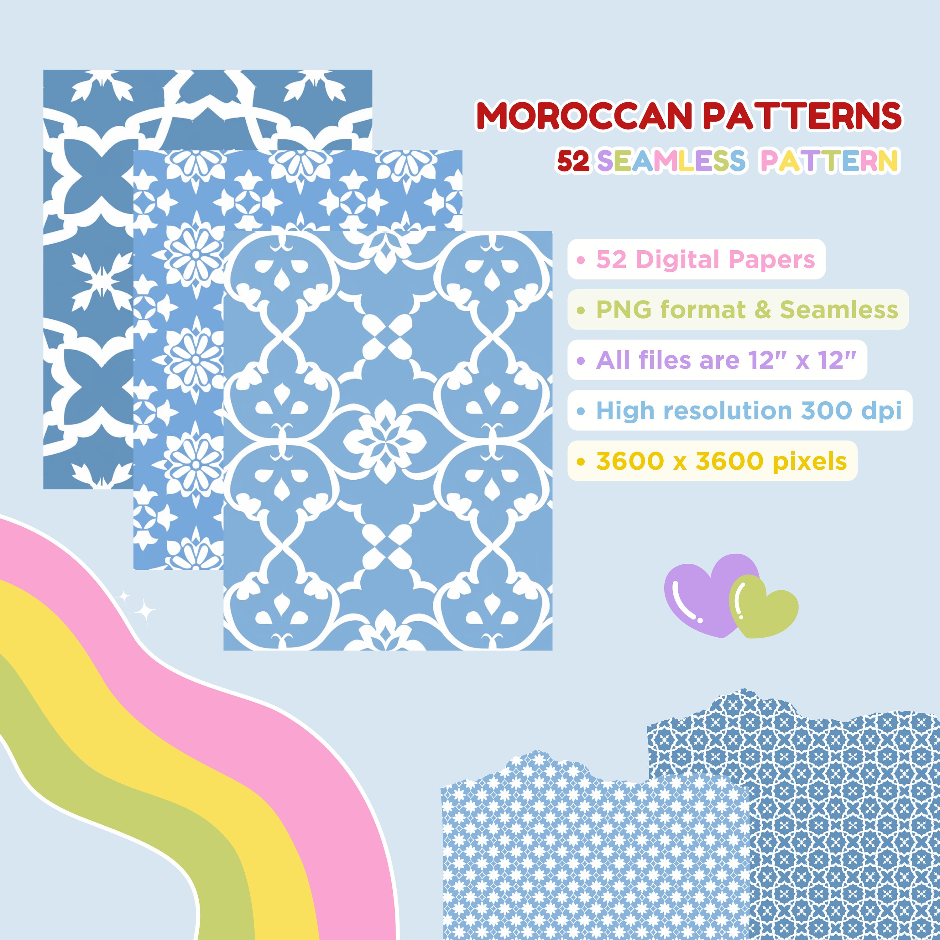 Boho Chic Moroccan Tiles Digital Paper Set, Blue Seamless Patterns for ...
