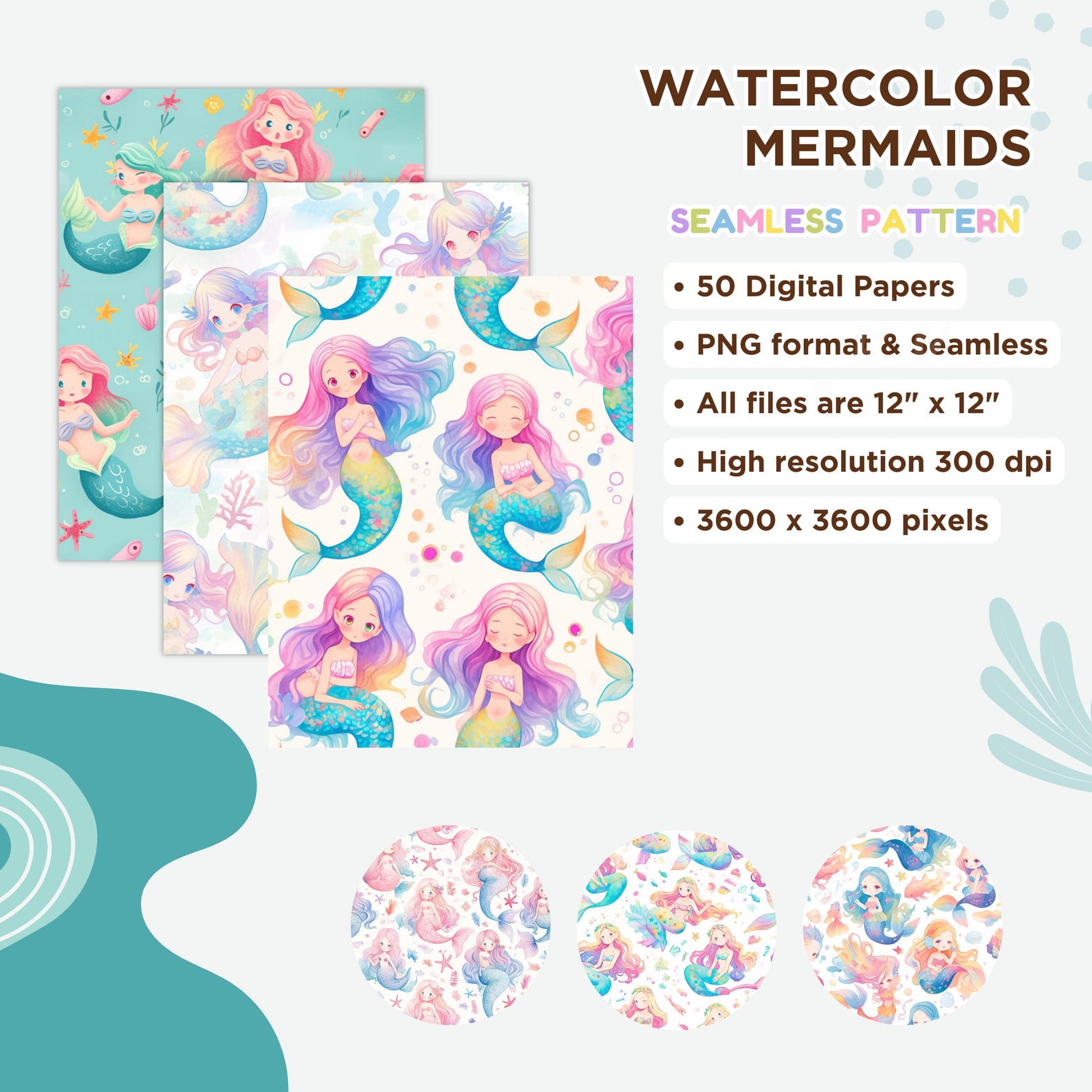 Watercolor Mermaids Digital Paper, Mermaid Seamless Pattern, Little ...