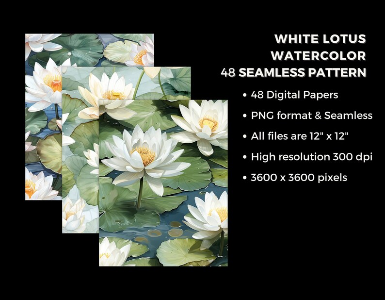 White Lotus Watercolor Digital Papers Flower Seamless Pattern ...