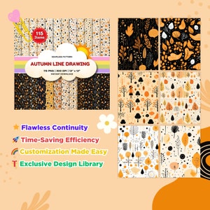Autumn Line Drawing Seamless Patterns, Autumn Leaves Digital Papers PNG ...